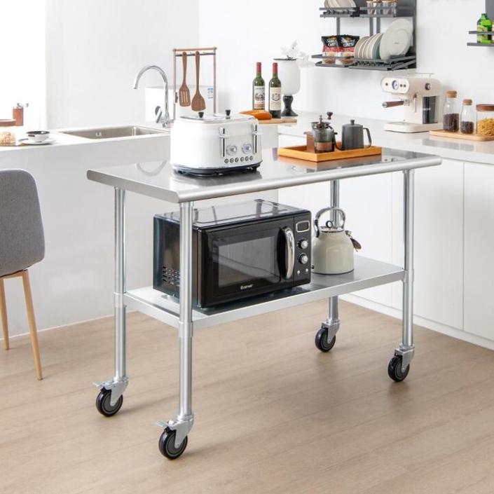 Costway122 x 61 cm Stainless Steel Table Cart with 4 Universal Wheels ...
